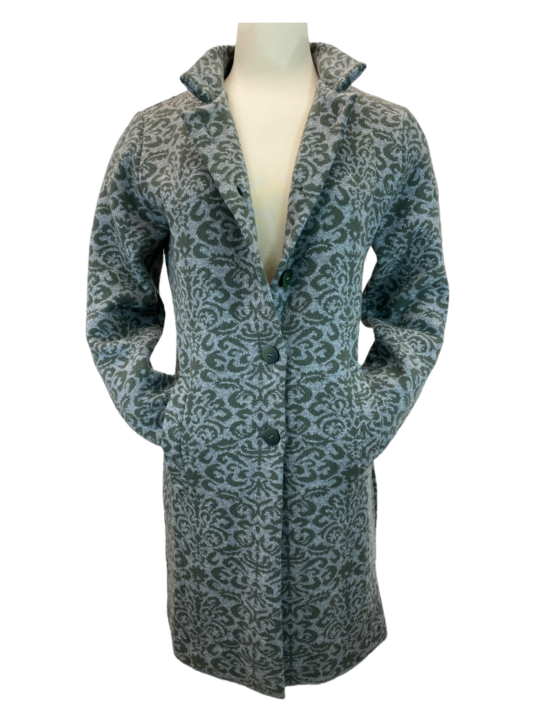 Adesi Cashmere Coat Grey with Olive Design – Tweed & Vine